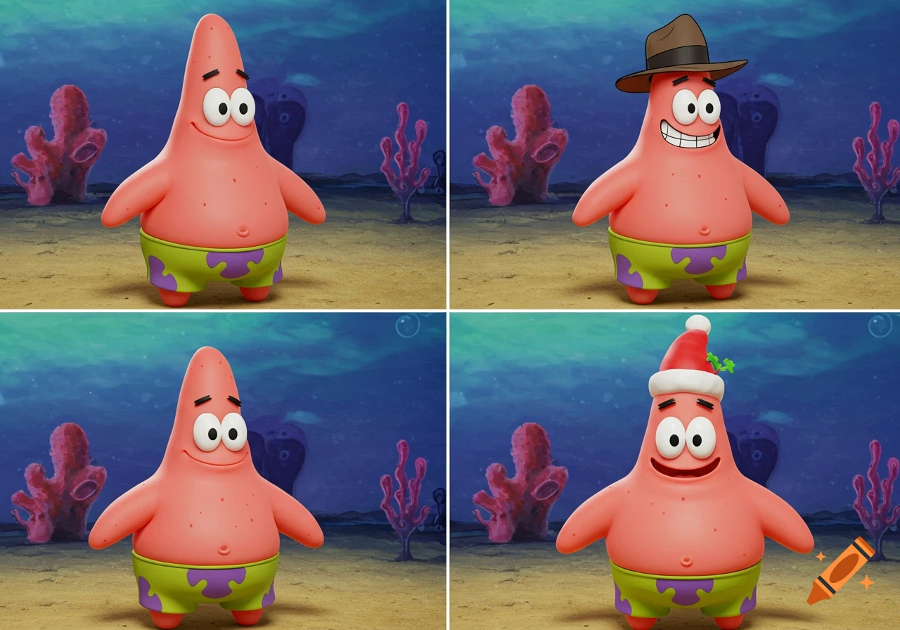 Four 3D renders of Patrick Star, including normal, wearing a brown hat ...