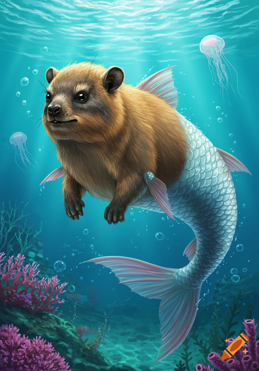 A hyrax creature with a fish tail swims in the ocean with jellyfish. on ...