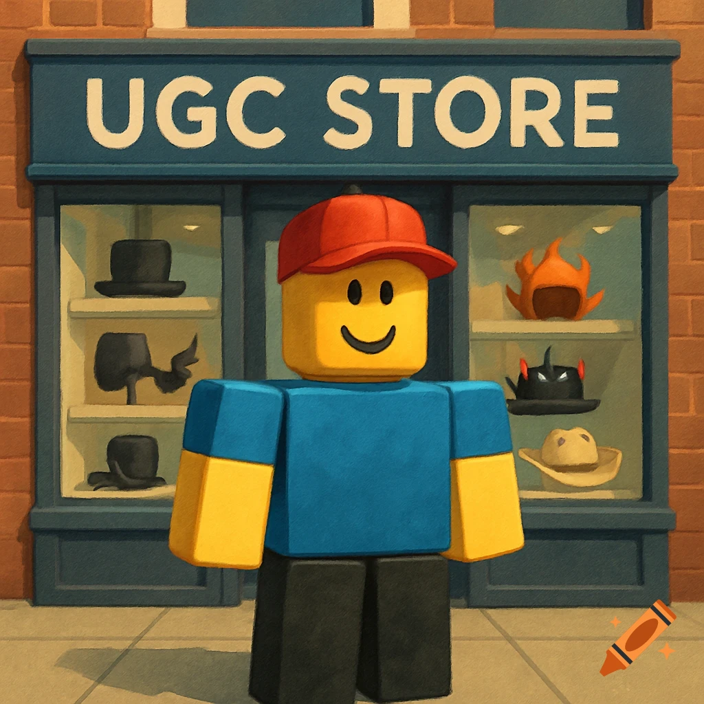 A Roblox character stands in front of a UGC Store building, painted ...
