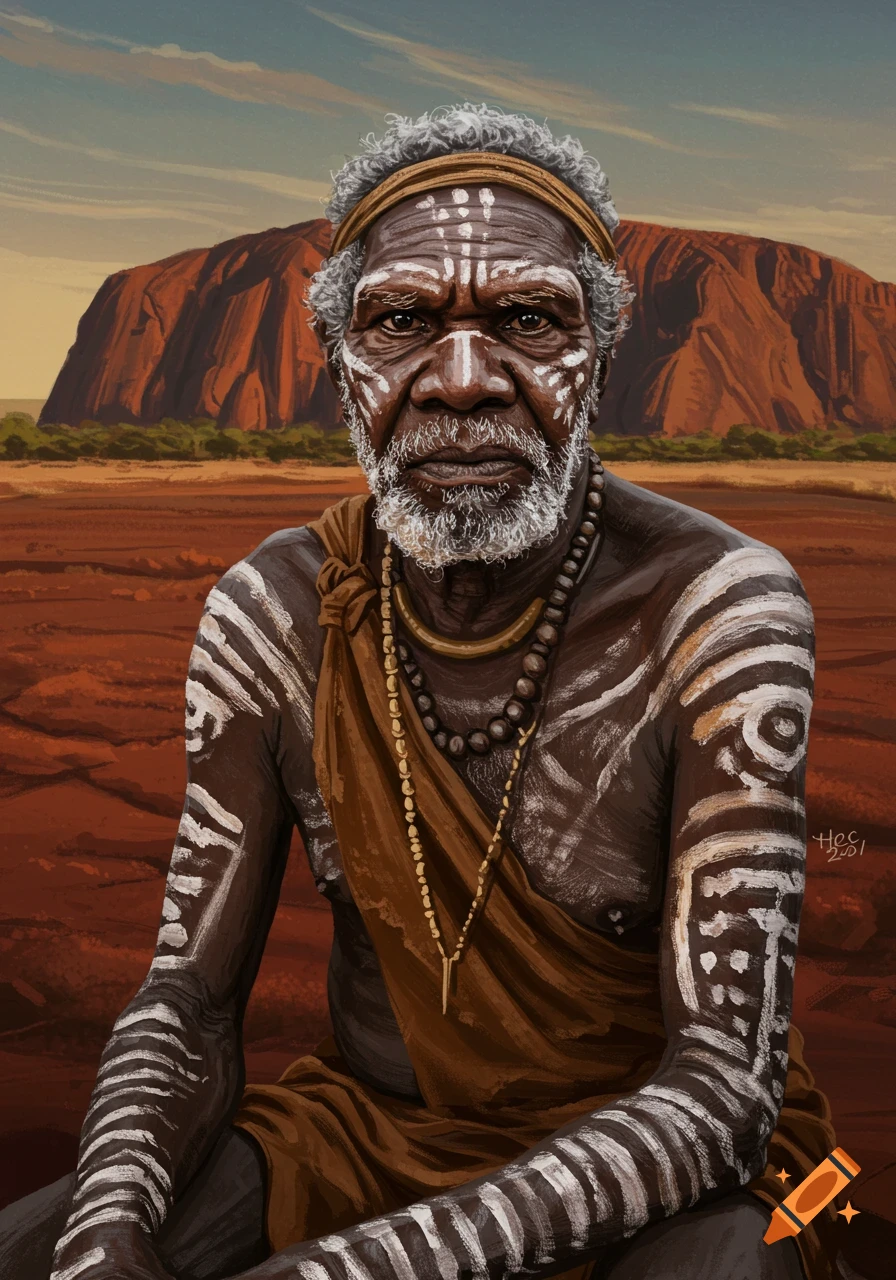 Portrait painting of an Indigenous elder with body paint, seated in ...