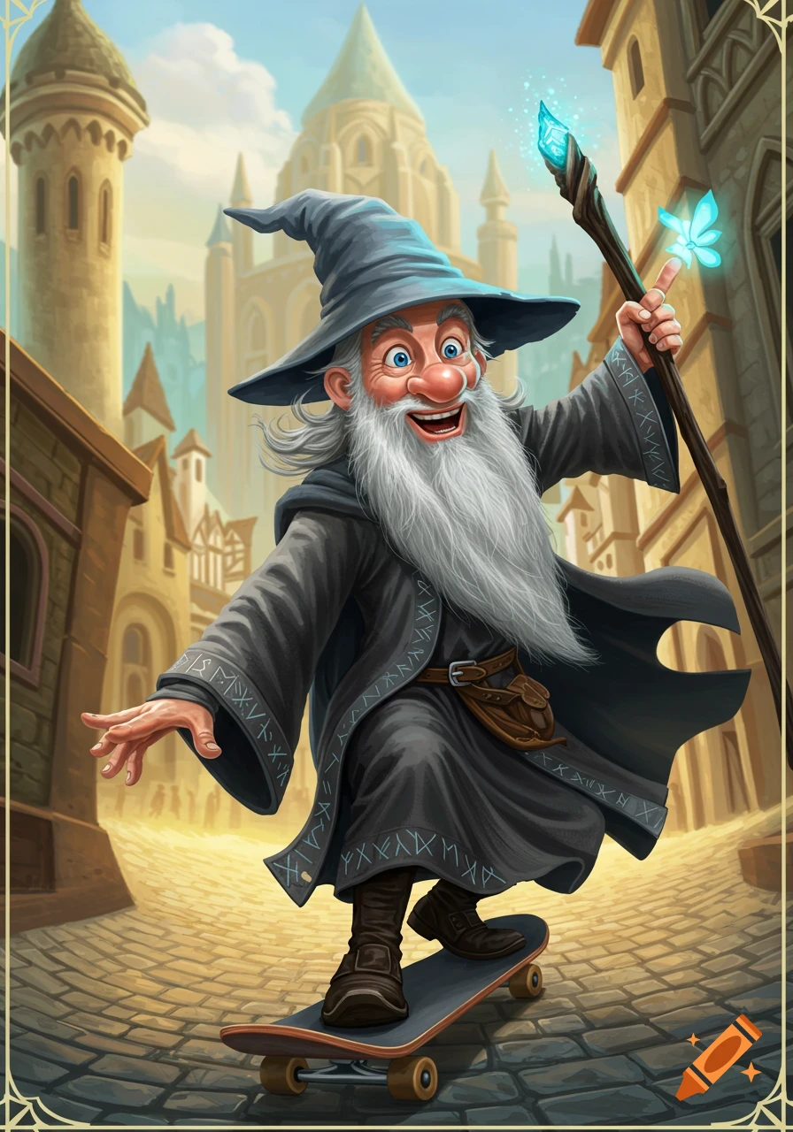 A cheerful wizard with a long white beard skateboards down a ...