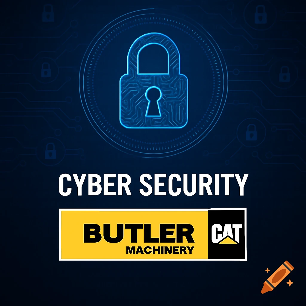 Cybersecurity lock icon and Butler Machinery CAT logo on a tech ...