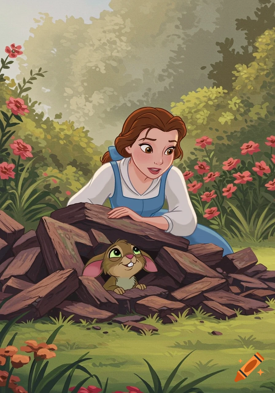 A cartoon illustration of Belle from Beauty and the Beast looking at a ...