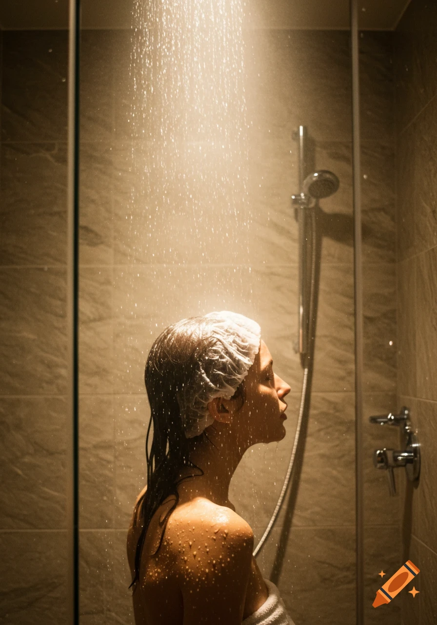 Woman showering with a shower cap and towel, seen from the side with dramatic lighting. on Craiyon