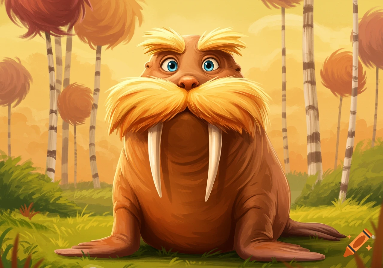 A walrus with a large orange mustache and eyebrows, like the Lorax ...