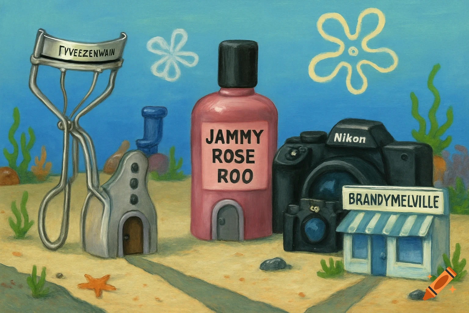 Still life of everyday objects styled as buildings in the SpongeBob ...