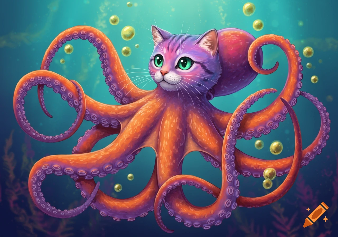 A colorful cat-octopus hybrid swims underwater among bubbles. on Craiyon