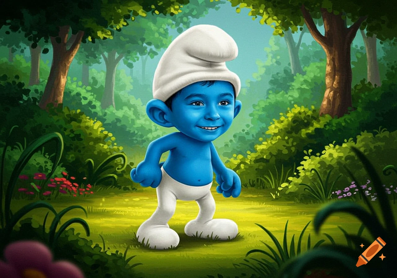 A blue Smurf-like character with large ears and a white hat stands in a ...