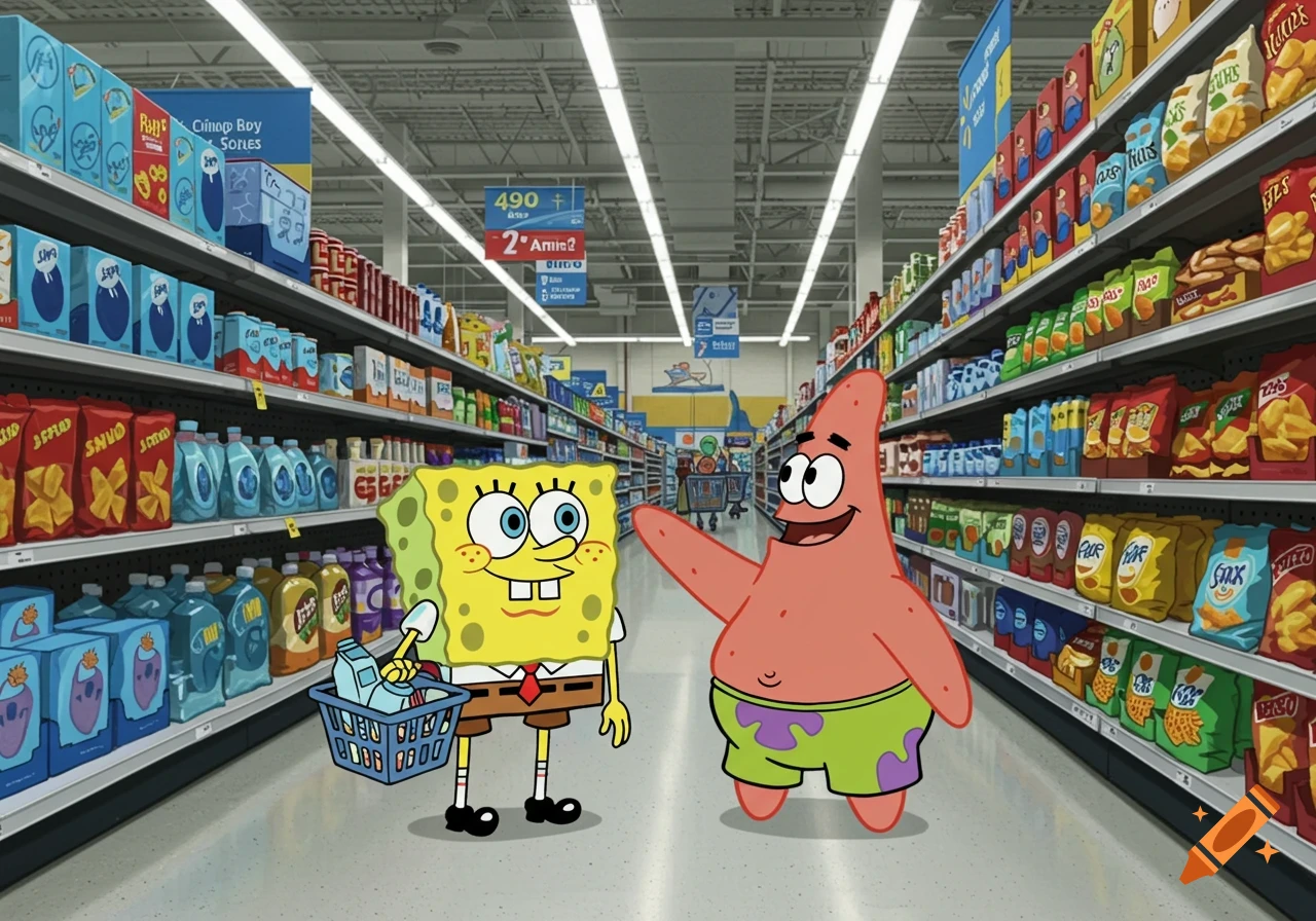 SpongeBob and Patrick shopping in a supermarket aisle, SpongeBob holds ...