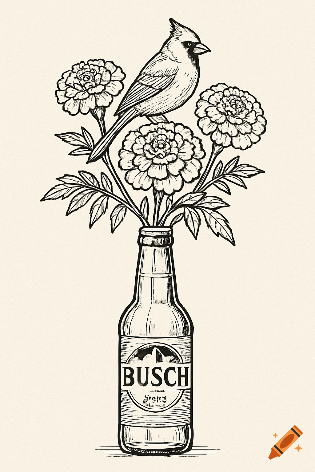 Line art drawing of a cardinal perched on marigolds emerging from a ...