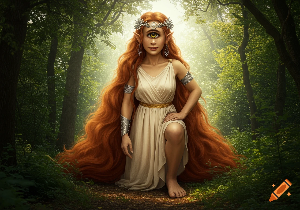 A beautiful cyclops woman with long red hair kneels in a sunlit forest ...