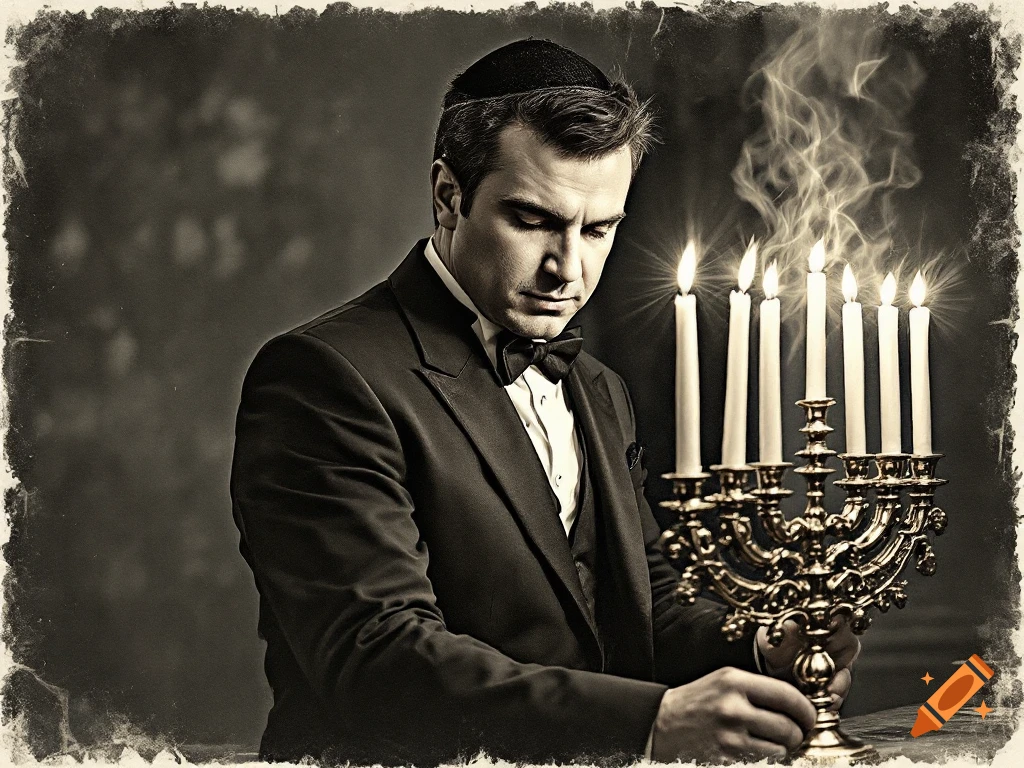 Man in suit and kippah lighting a menorah in a vintage style. on Craiyon