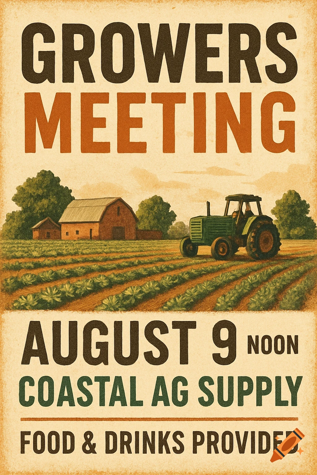 A vintage style poster for a growers meeting features a farm scene with ...
