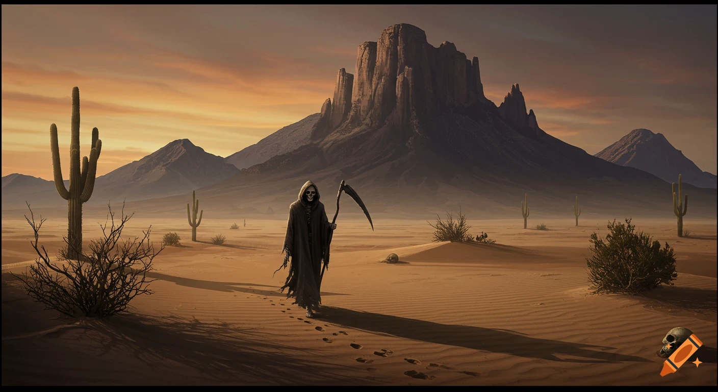The Grim Reaper walks through a desert towards a large rock formation ...