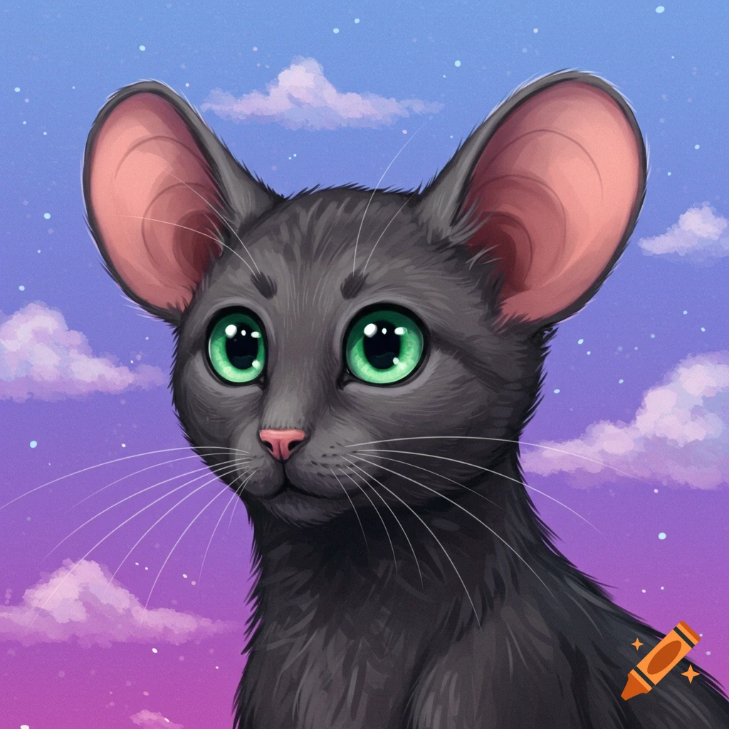 A stylized cartoon cat/mouse hybrid with large ears and green eyes ...