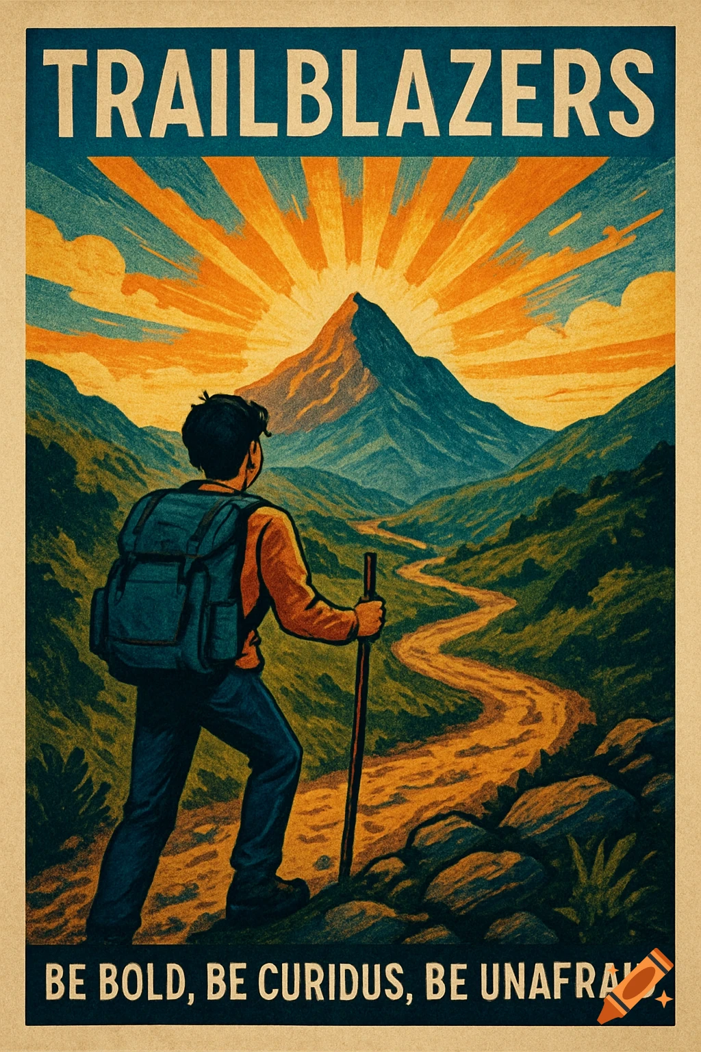 Illustration of a hiker looking at a mountain path under a sunburst ...