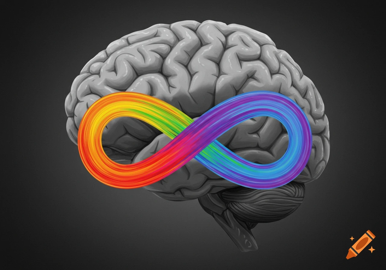 A grayscale human brain with a rainbow infinity symbol superimposed. on ...