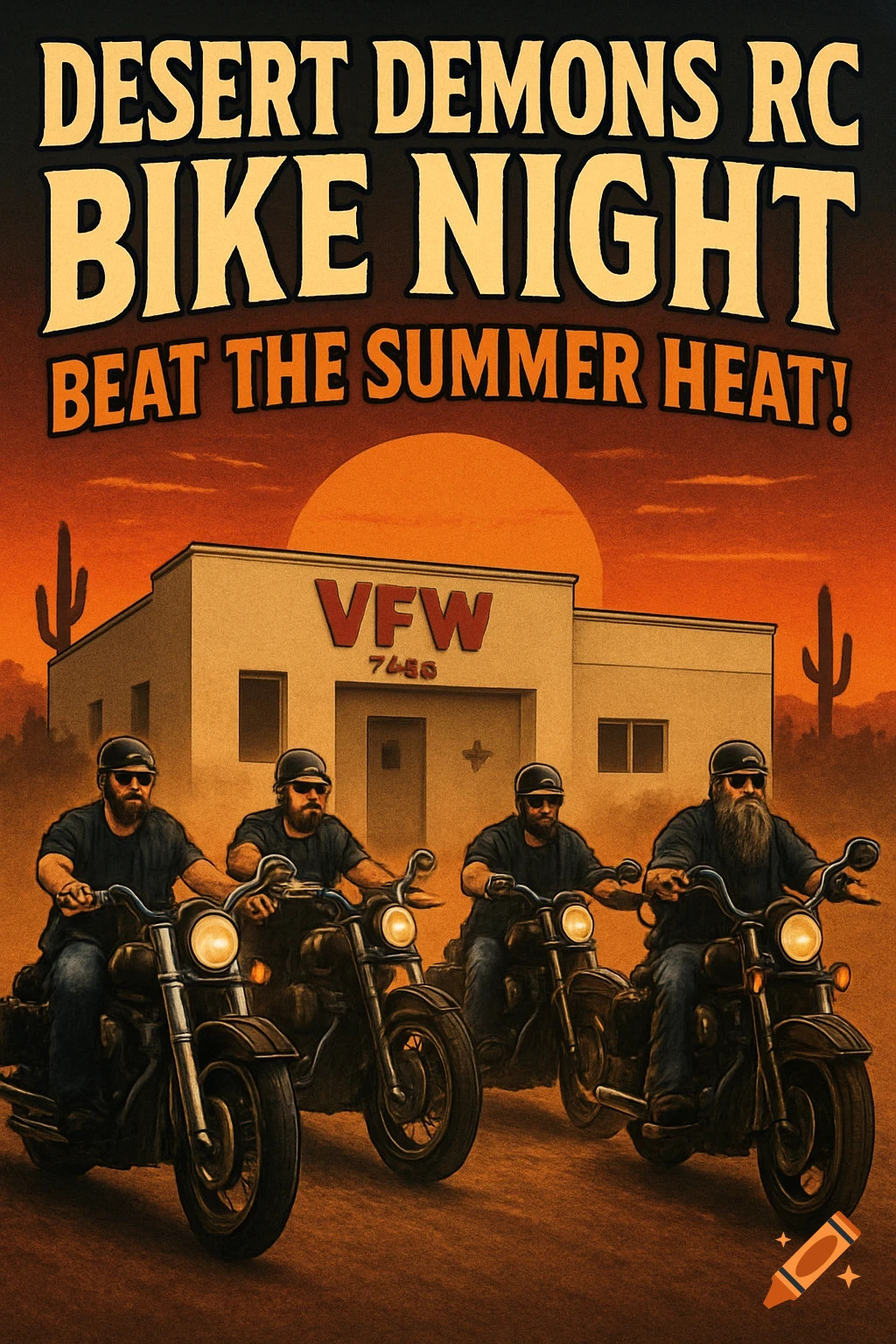Stylized illustration of men riding motorcycles in a desert sunset ...