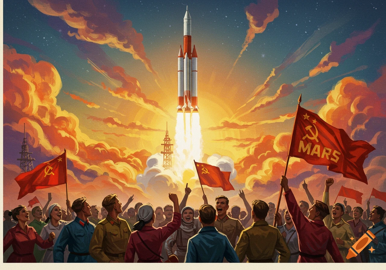 A crowd celebrates a rocket launch under a dramatic sky, holding Soviet ...