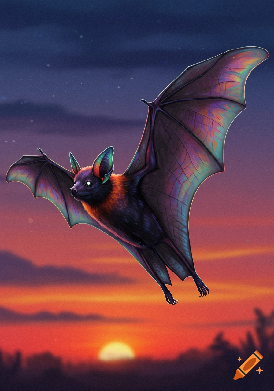 A bat with iridescent wings flies against a sunset sky. on Craiyon