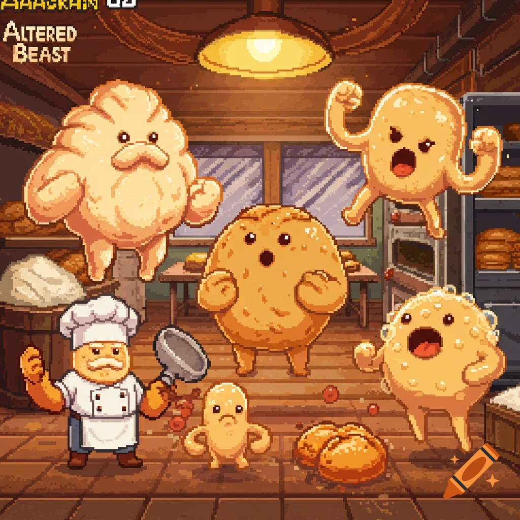 Pixel art of a baker with living bread creatures in a bakery. on Craiyon