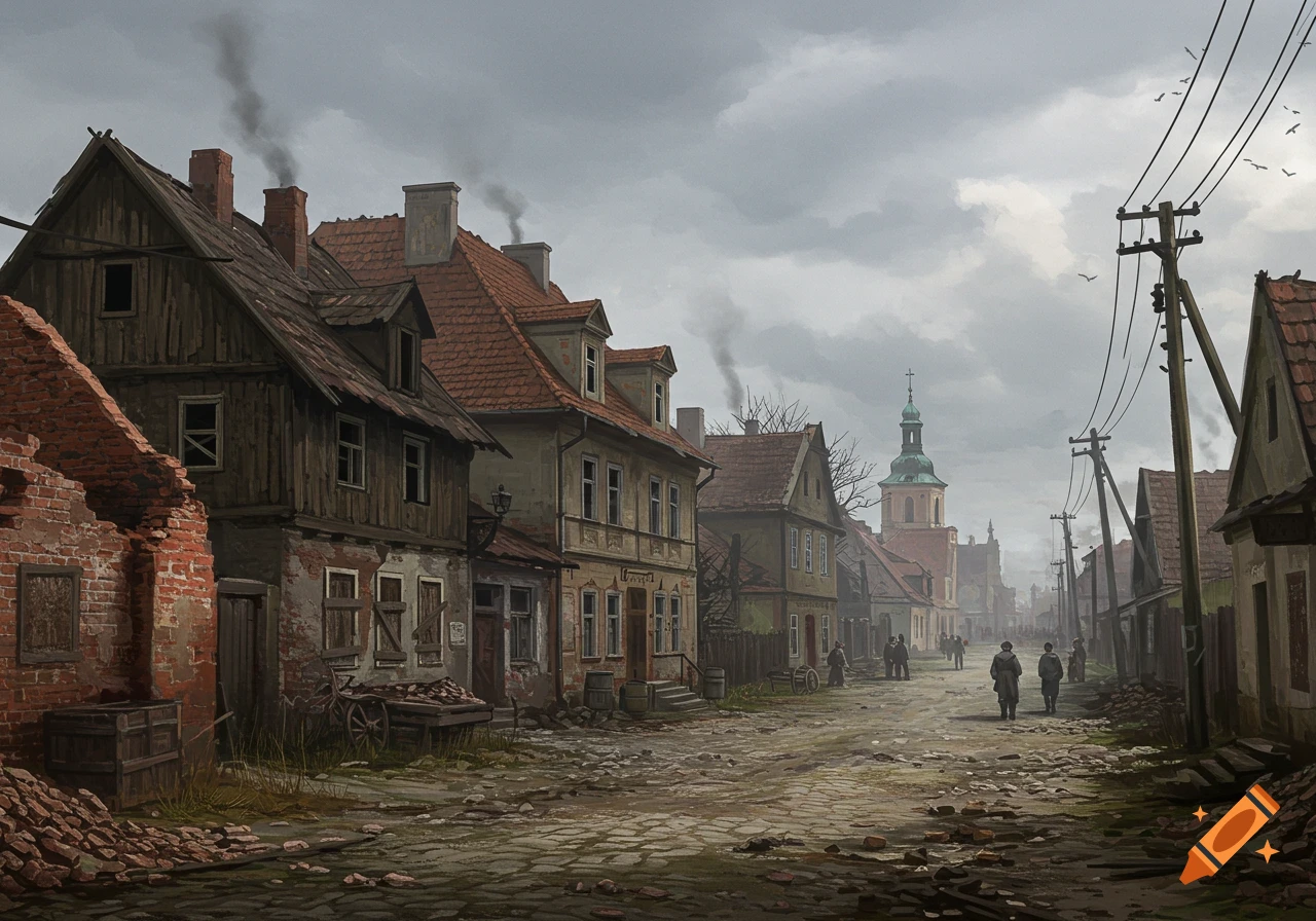 An old cobblestone street in a worn-down town with buildings, people ...