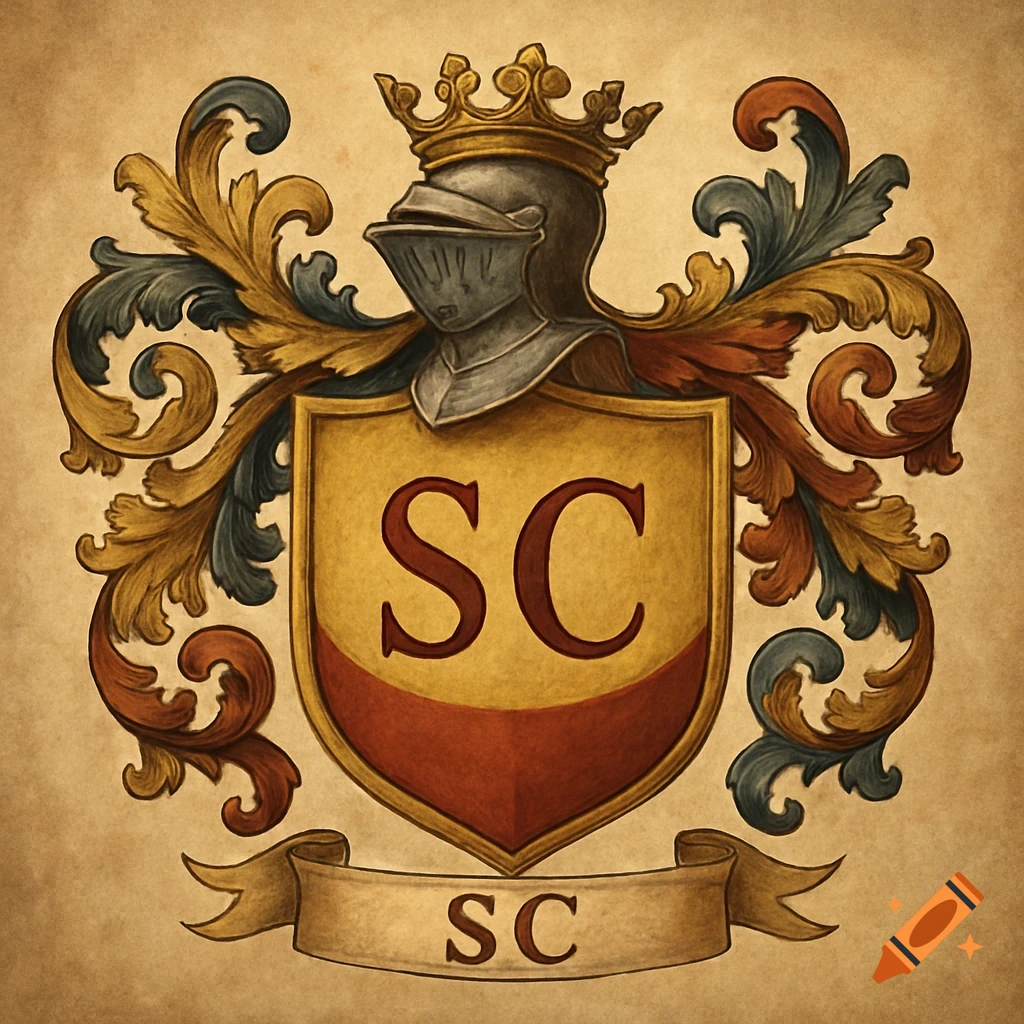 Coat of arms with a helmet, shield displaying 'SC', and decorative ...
