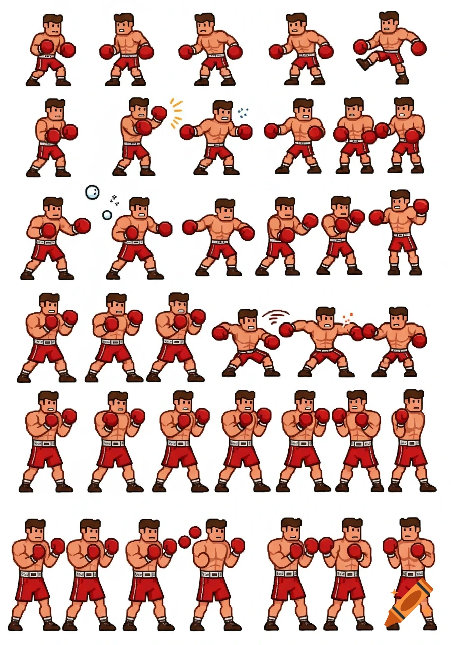 Pixel art sprite sheet showing multiple poses of a boxer character in ...