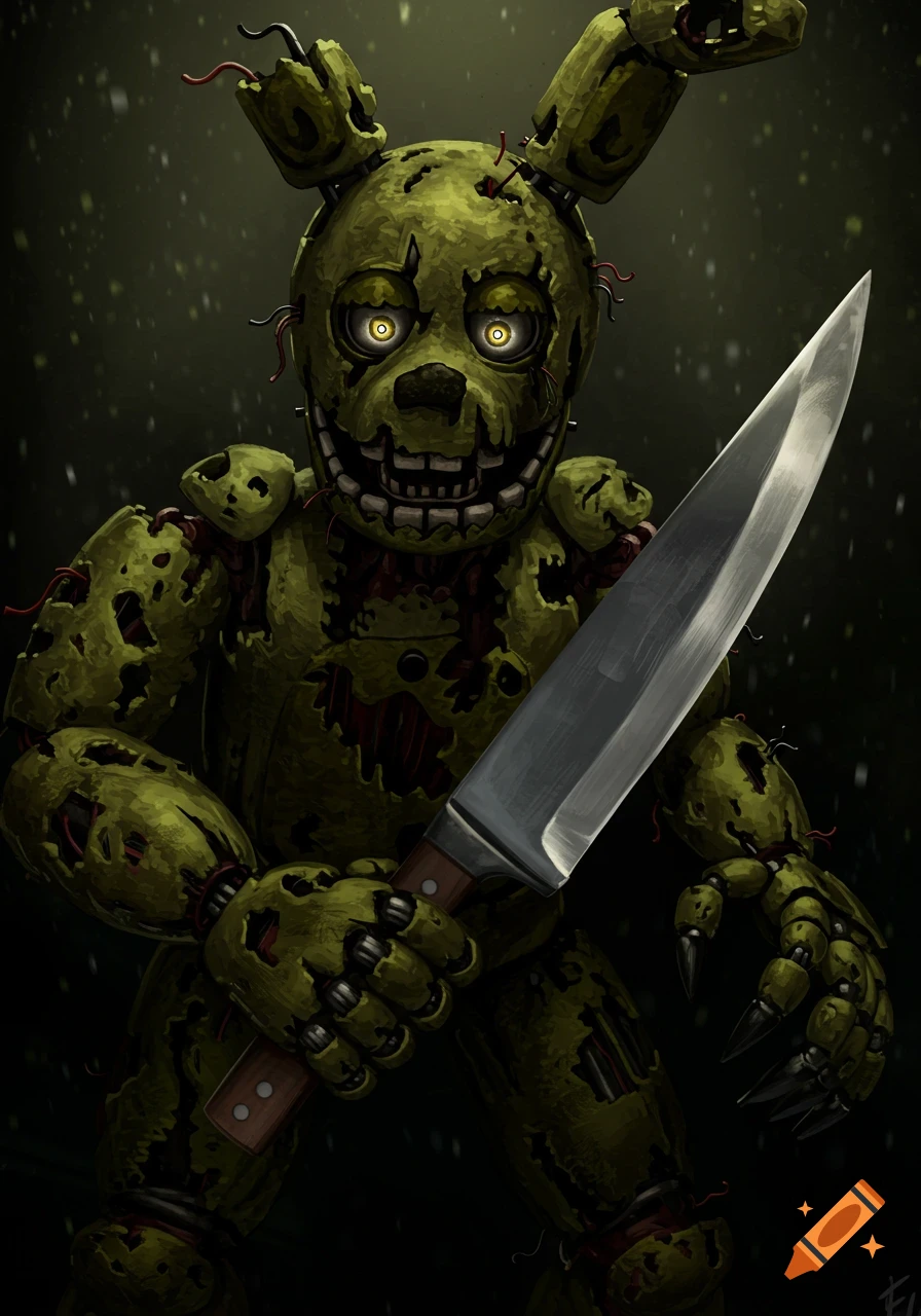 Springtrap, a creepy animatronic from Five Nights at Freddy's, holding a large knife. on Craiyon