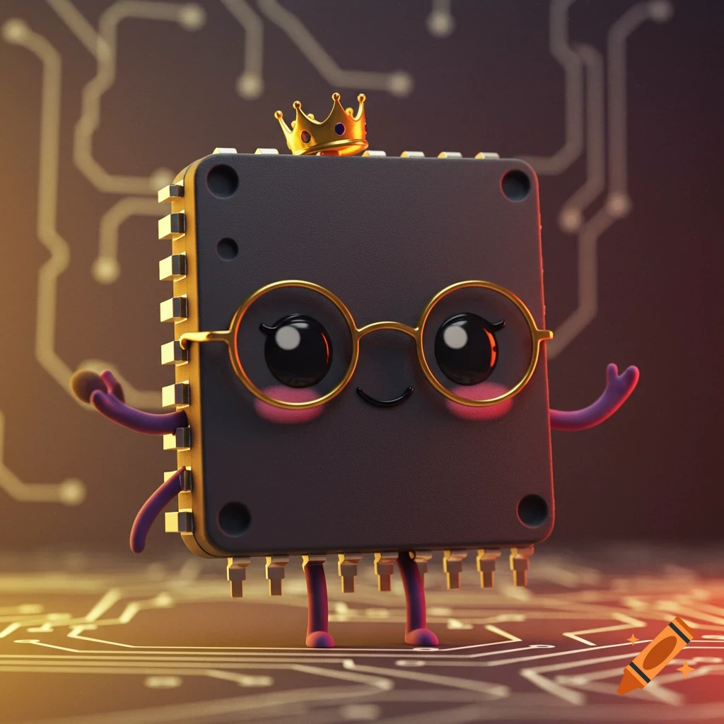 A cute cartoon computer chip with glasses and a crown stands on a ...