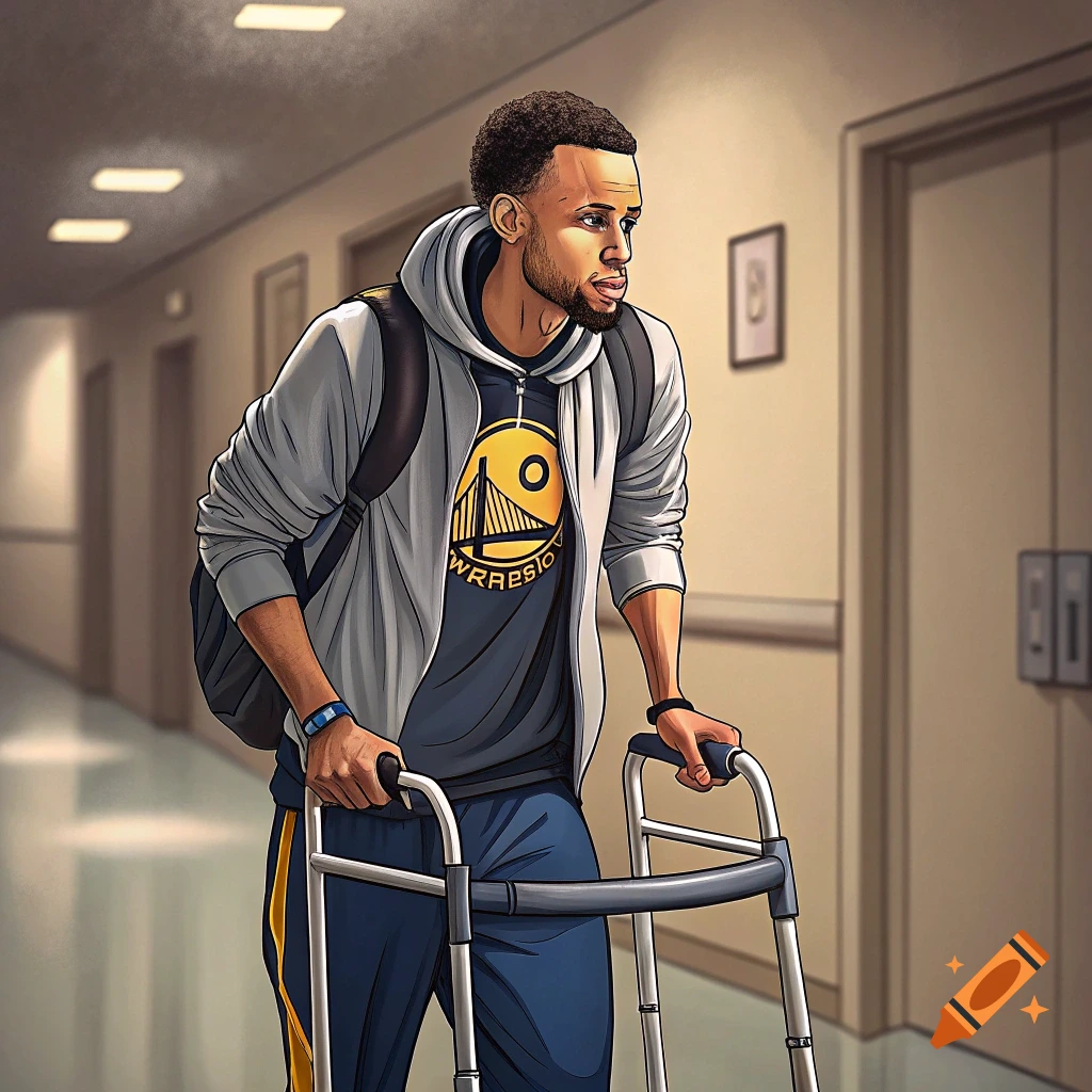 Cartoon illustration of Steph Curry walking with a walker in a hallway ...