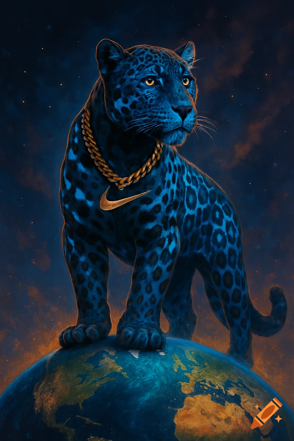 A blue jaguar with neon spots wearing a gold chain stands on the Earth ...