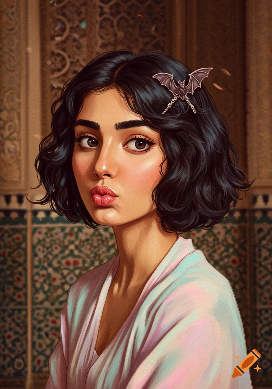 Portrait of a young woman with a bat hair accessory making a pouty face ...