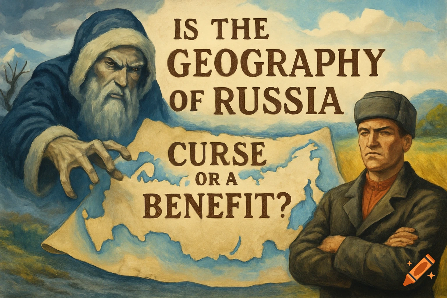 Painting of an old man in a hood pointing at a map of Russia with a man ...