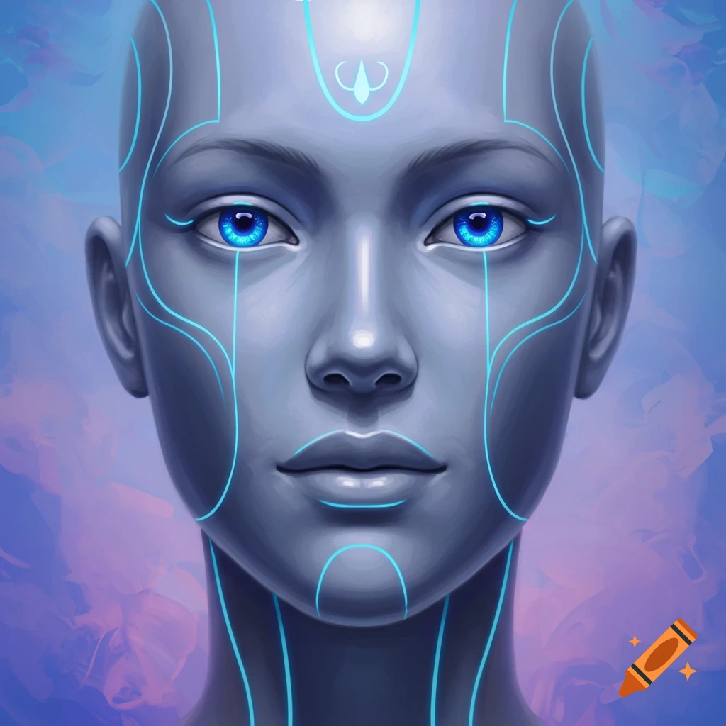 Close-up of a metallic robot face with glowing blue lines and eyes. on ...