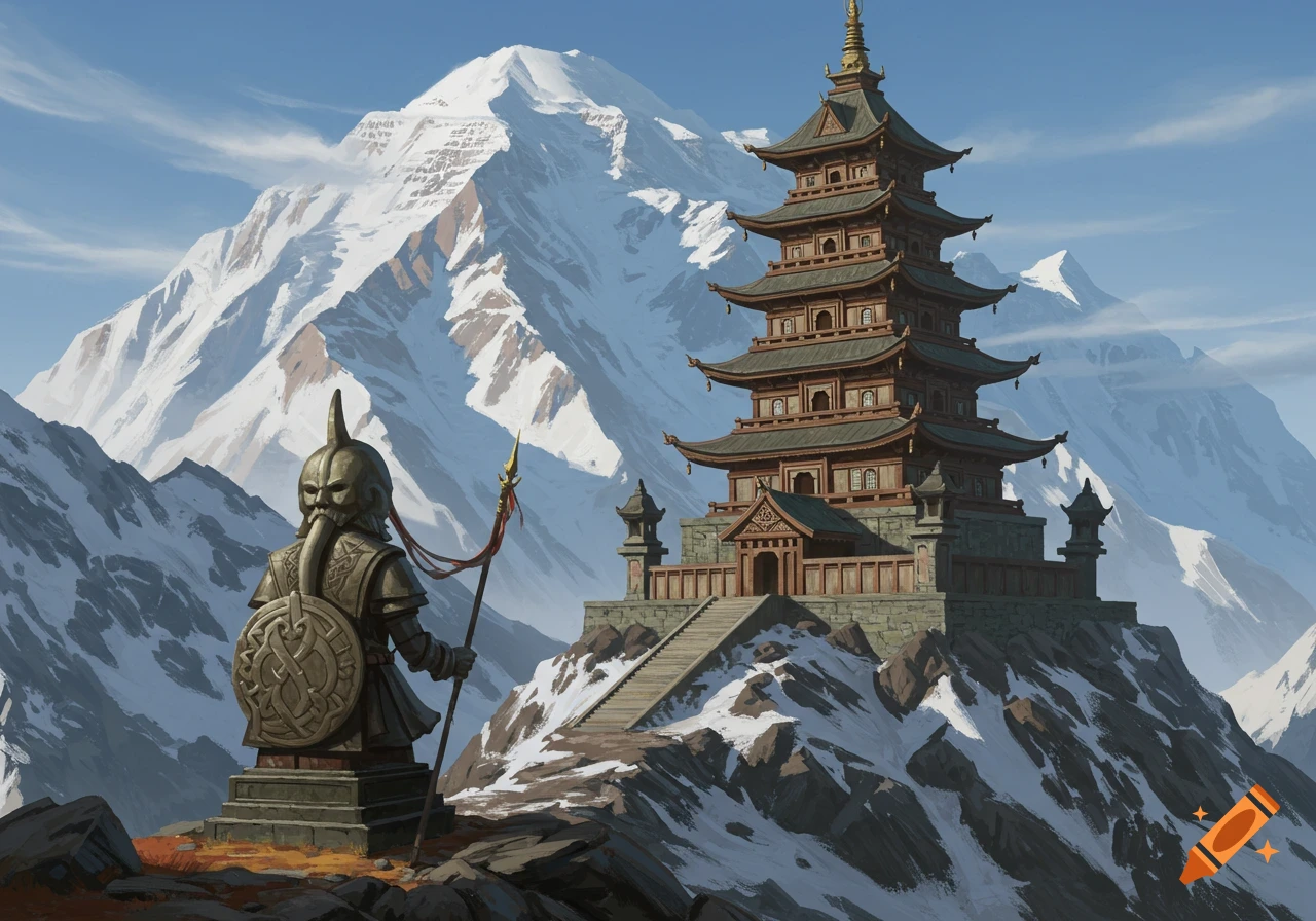 A statue of a Norse warrior overlooks a multi-tiered temple on a snowy ...