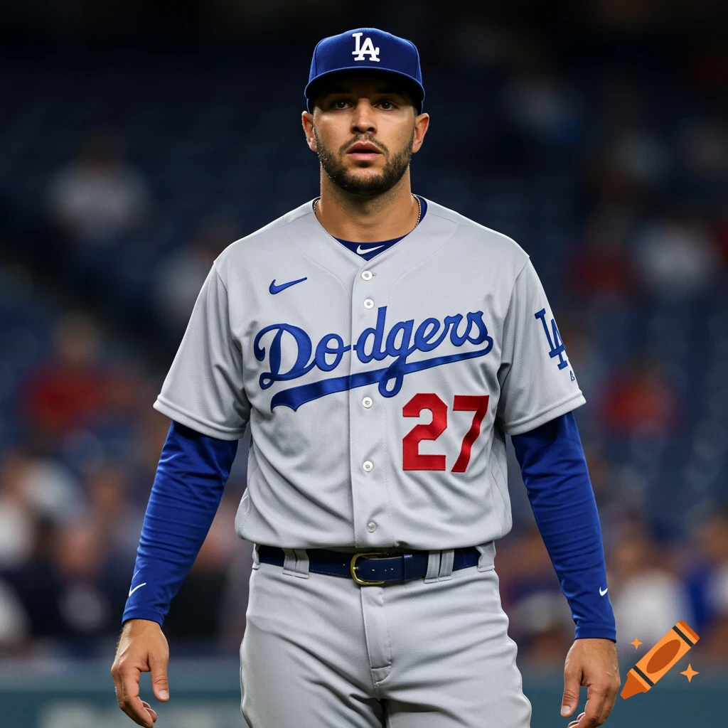 Baseball player in a grey Los Angeles Dodgers jersey with the number 27 ...