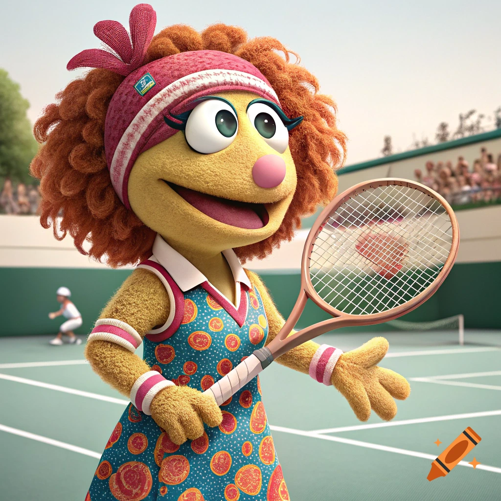 A muppet wearing a dress and headband holds a tennis racket on a tennis ...