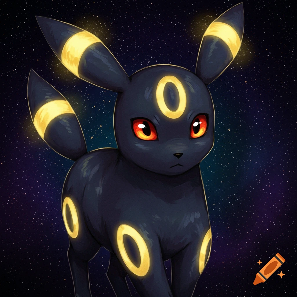 Umbreon, a dark blue Pokemon with yellow glowing rings, stands against ...