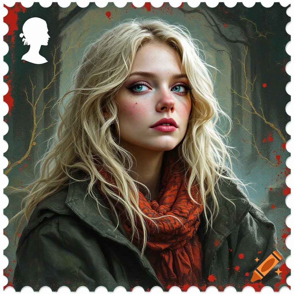 Portrait of a woman with blonde hair on a postage stamp with a ...