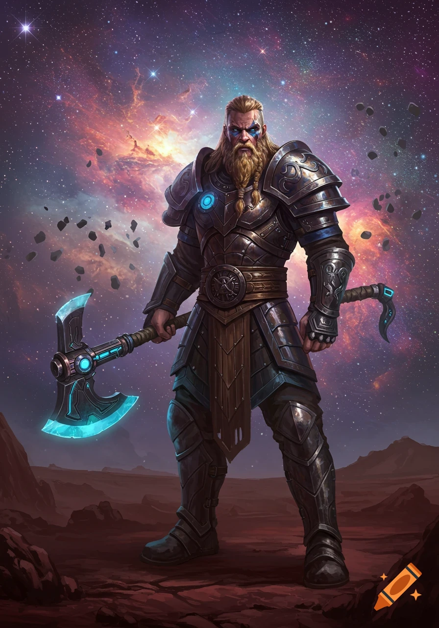Space viking in detailed armor with a glowing axe on a planet under a ...