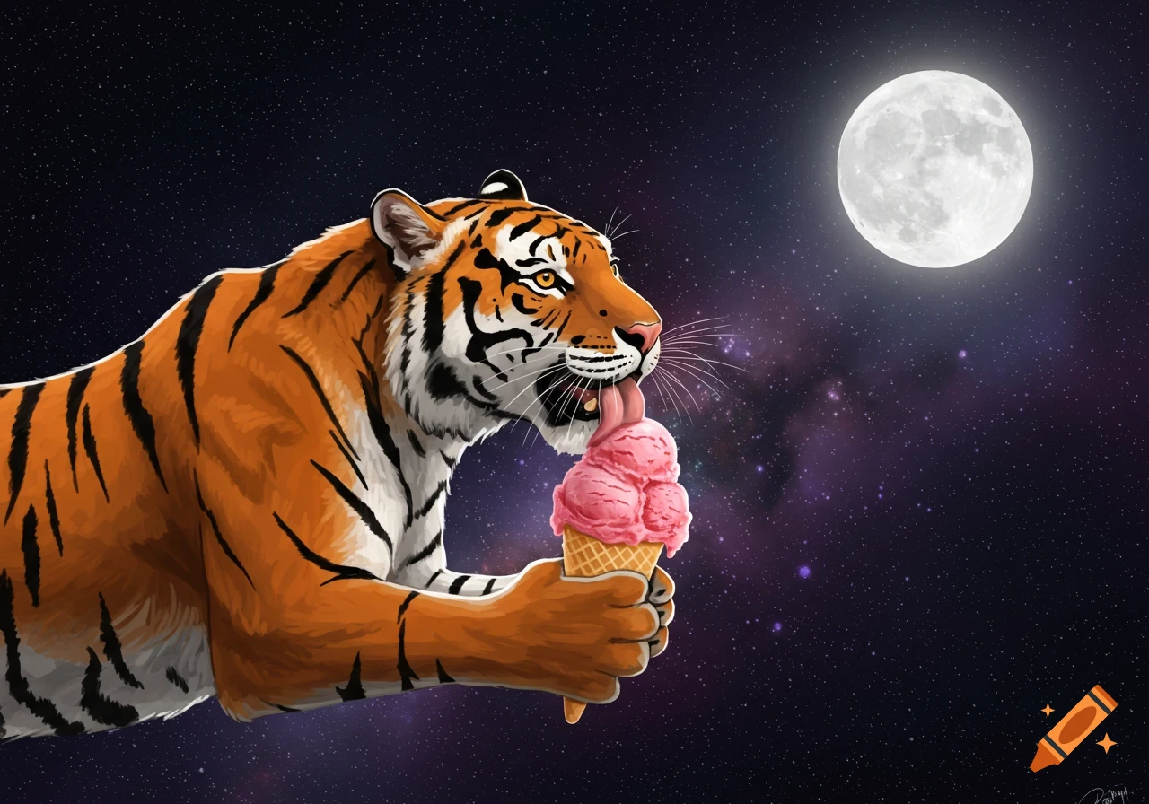A tiger licking an ice cream cone while flying through a starry space ...
