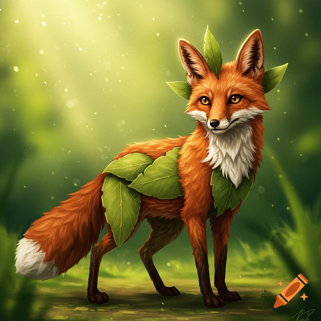 A stylized rendering of a fox with leaves covering its body standing in ...