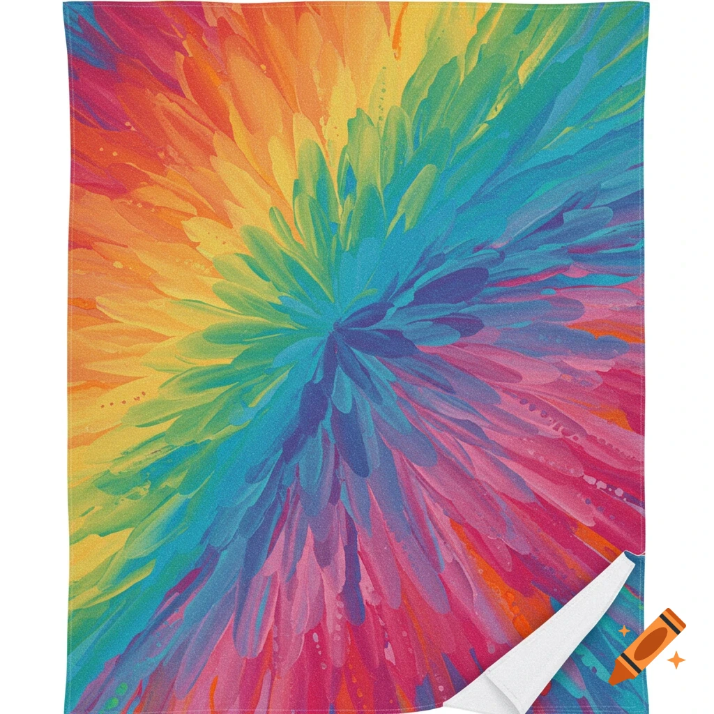 A towel featuring a vibrant, abstract radial pattern in bright rainbow ...