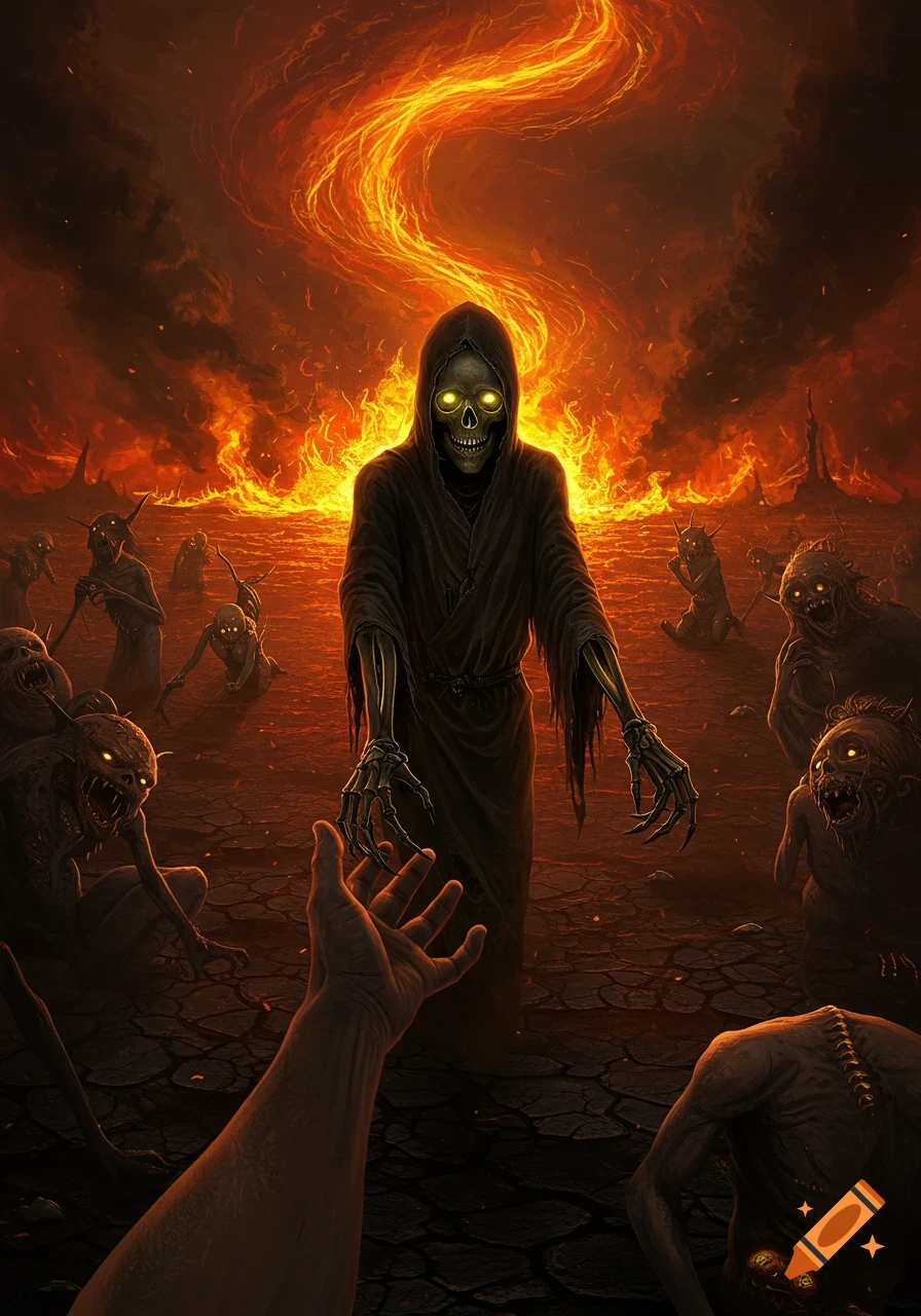 Grim Reaper in hell reaches for a hand, surrounded by demons, dark fantasy art. on Craiyon
