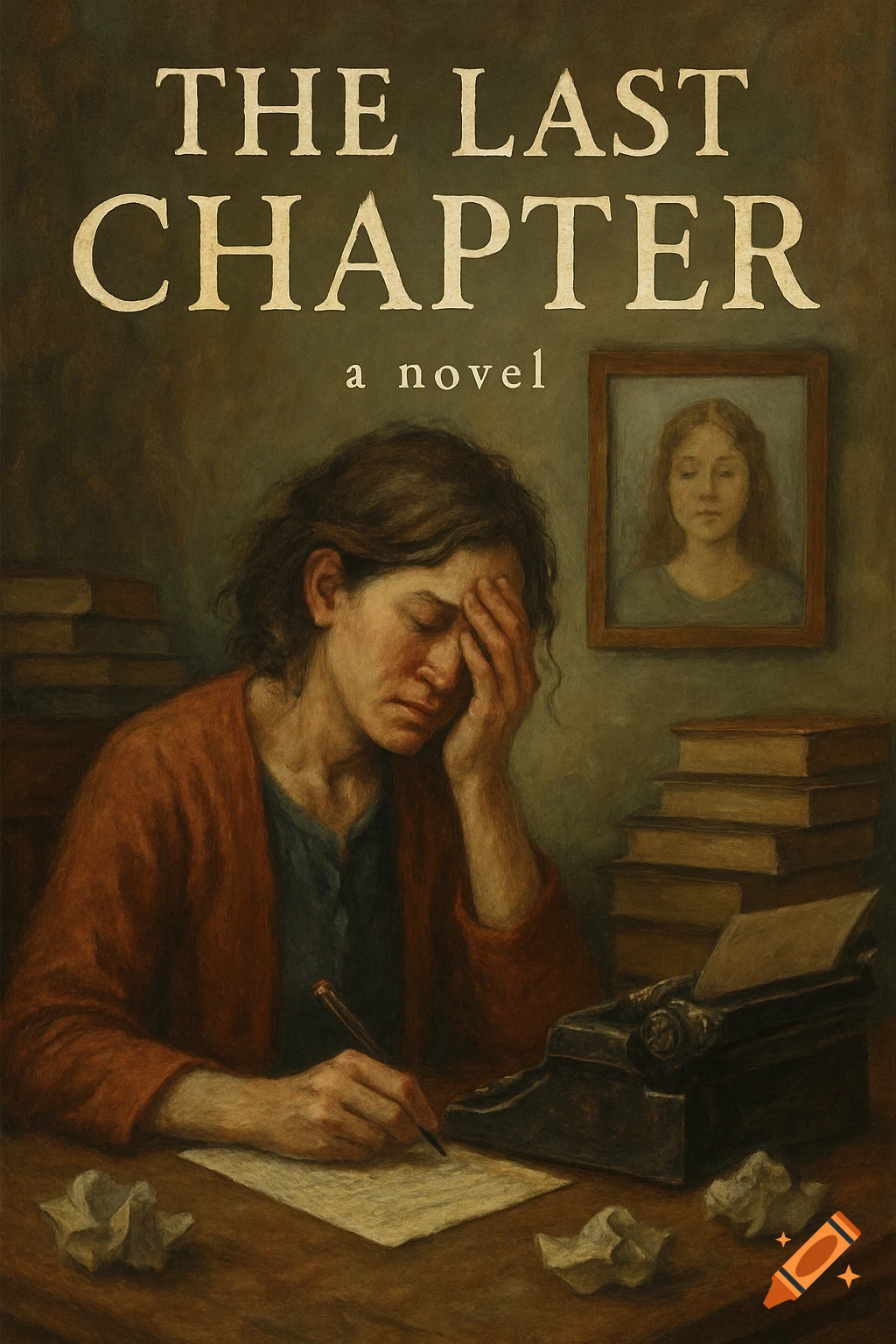 A painted book cover showing a distressed woman writing at a desk with ...