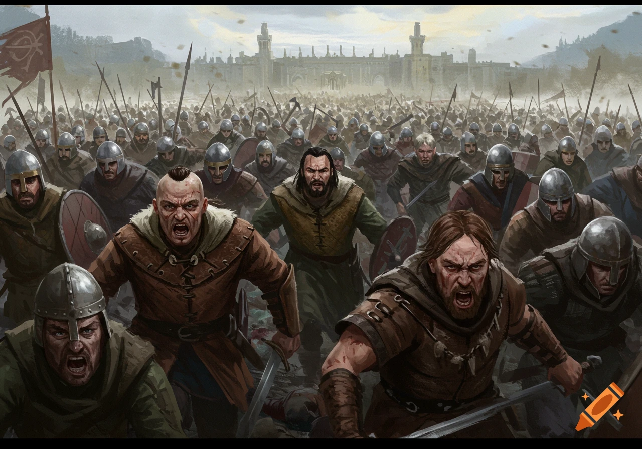 A large army of fantasy warriors charge forward from the perspective of ...