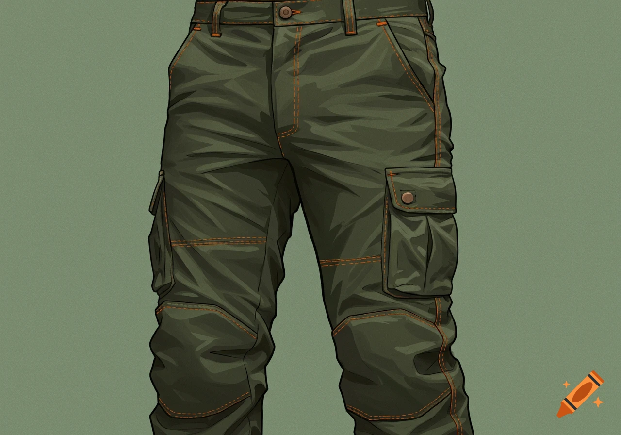 Close-up illustration of green cargo pants with orange stitching and ...