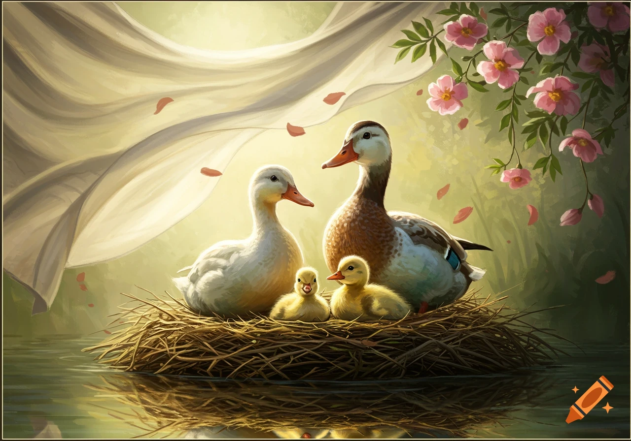 A family of ducks, a mother and two ducklings, rest in a floating nest with a flowing curtain ...