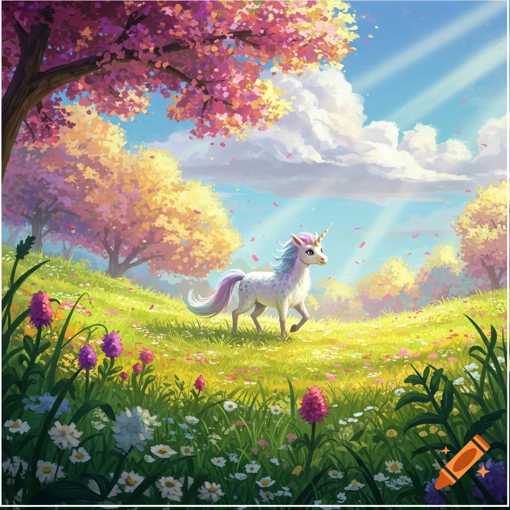 An illustrative image of a unicorn standing in a sunny, flowery meadow ...
